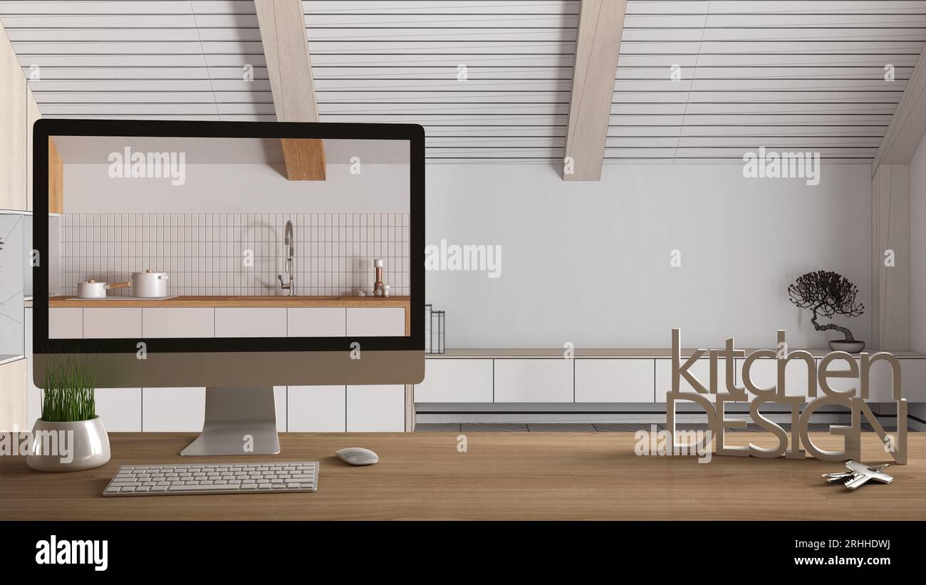 Architect designer project concept, wooden table with house keys, 3D ...