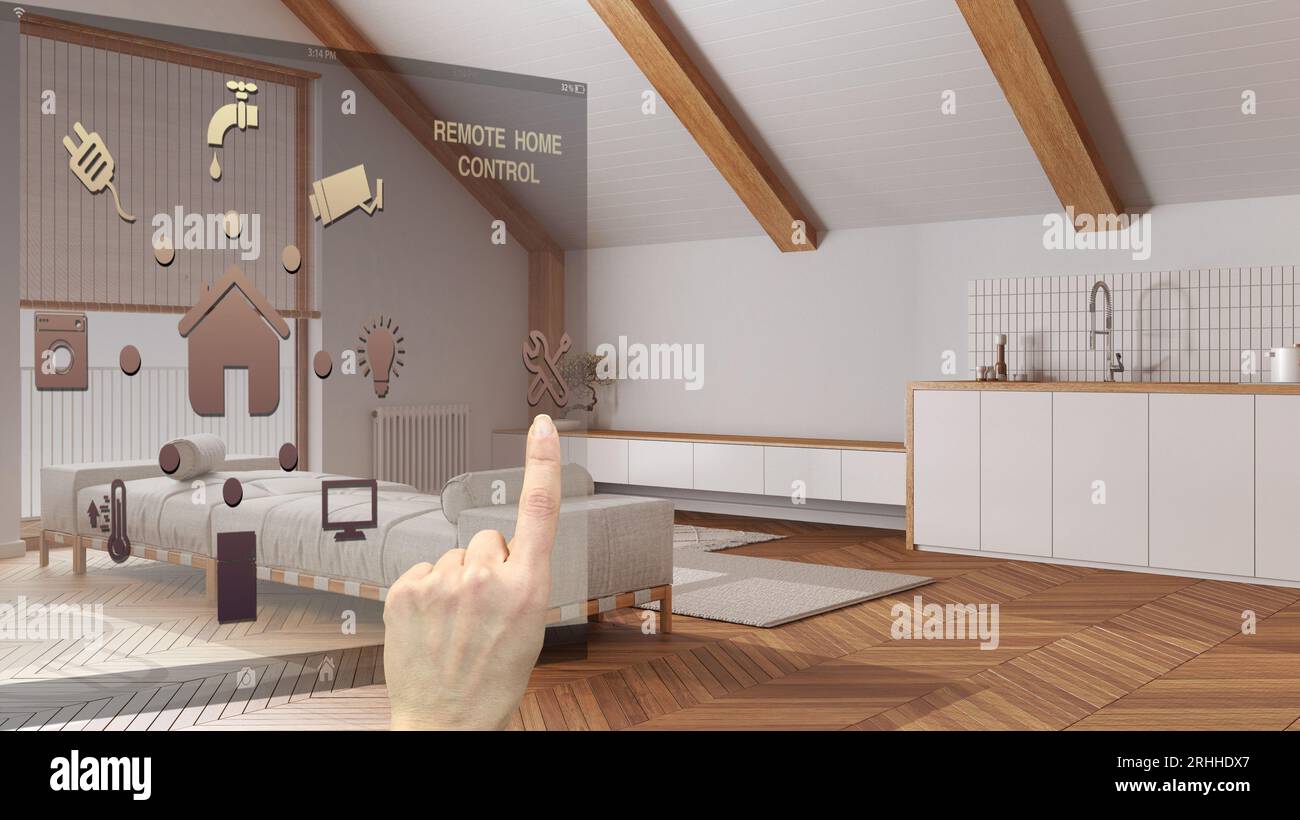 Smart home control concept, hand controlling digital interface from ...