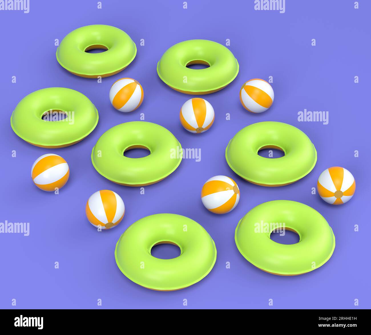 Colorful inflatable rings and balls on violet background, summer ...
