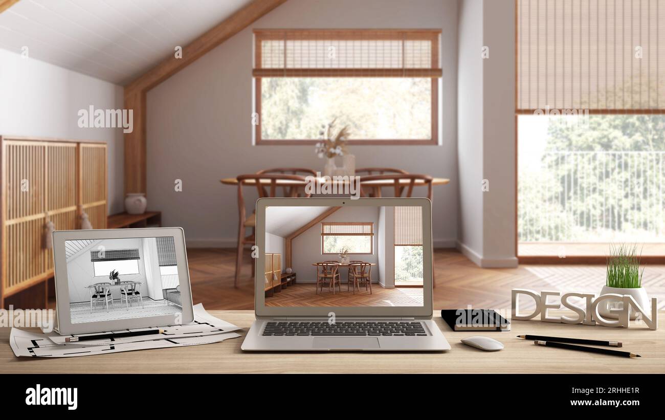 Architect designer desktop concept, laptop and tablet on wooden desk ...
