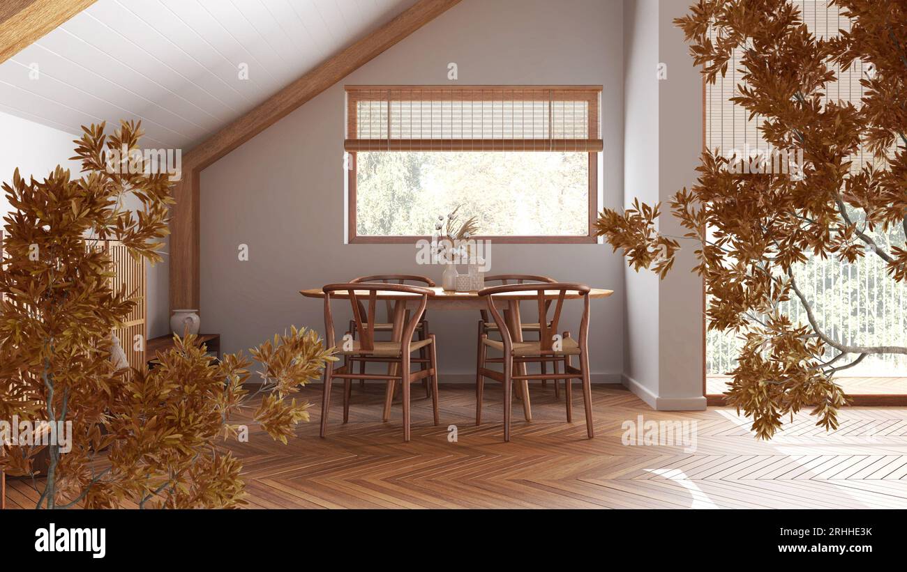 Orange yellow and red fall leaves, tree branch over interior design ...