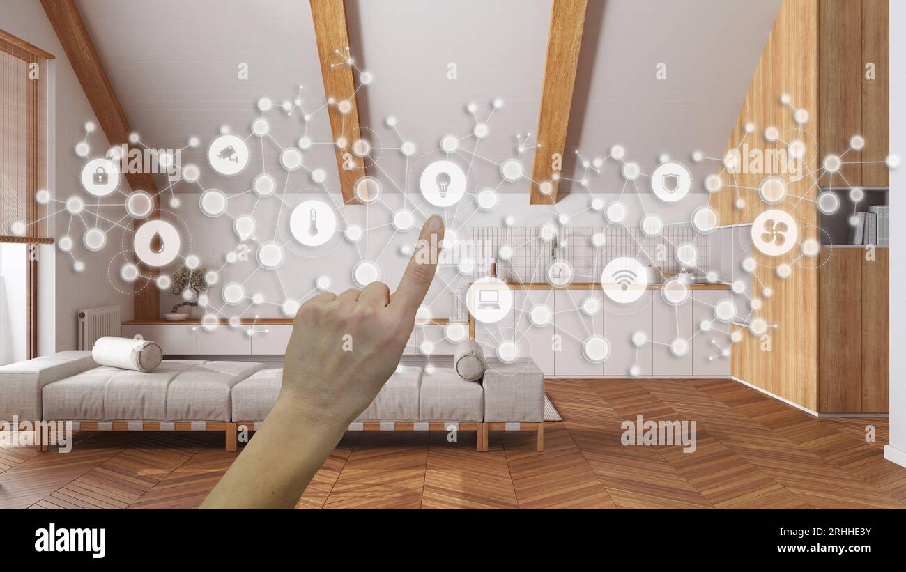 Glowing smart home interface, geometric background, connected line and ...
