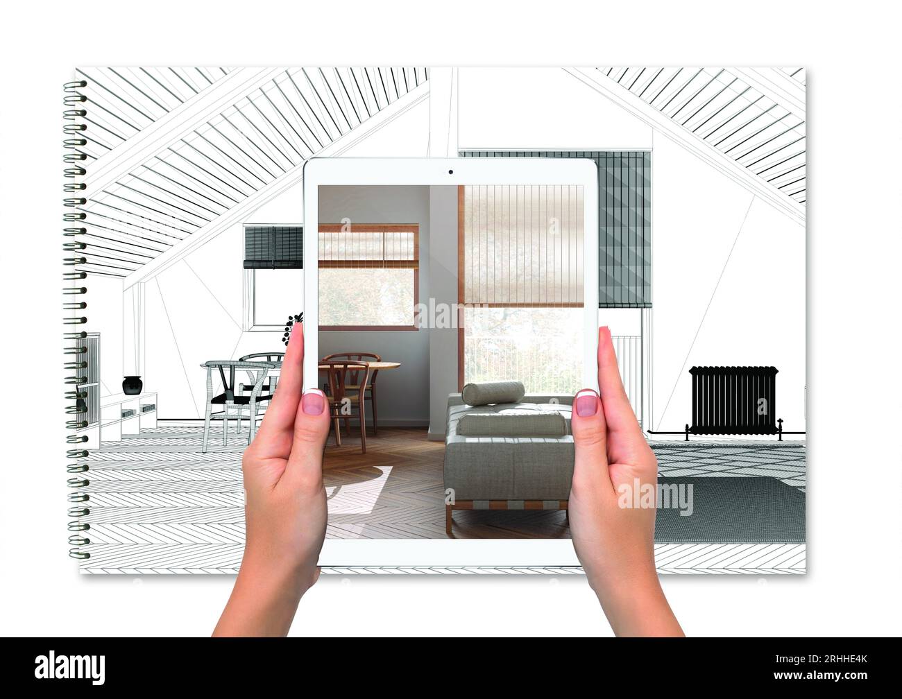 Hands holding tablet showing living and dining room, total blank ...