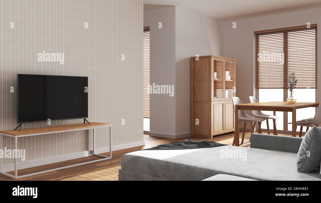 Japandi living and dining room in white tones. Velvet sofa, wooden ...