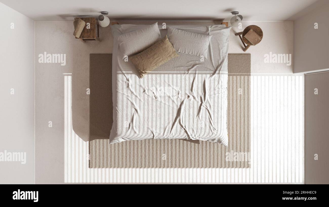 Minimal wooden bedroom with double bed in white and beige tones. Duvet ...