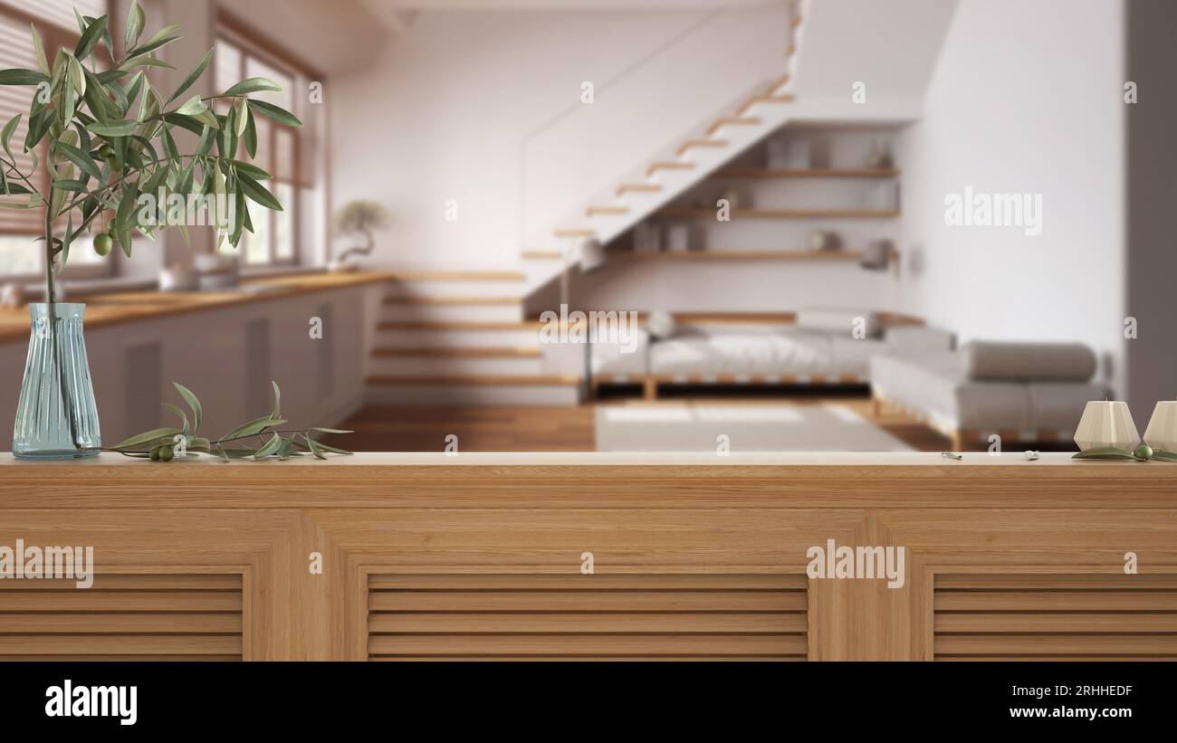 Wooden table top, cabinet, panel or shelf with shutters close up. Olive ...