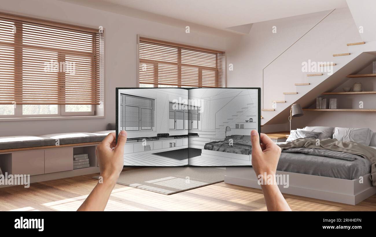 Hands holding notepad with bedroom design blueprint sketch or drawing ...