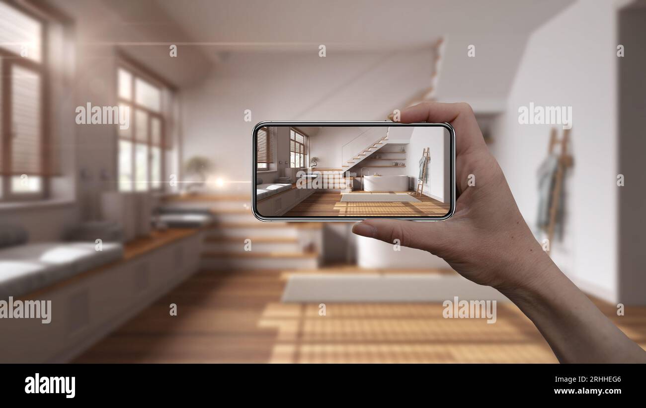Hand holding smart phone, AR application, simulate furniture and ...