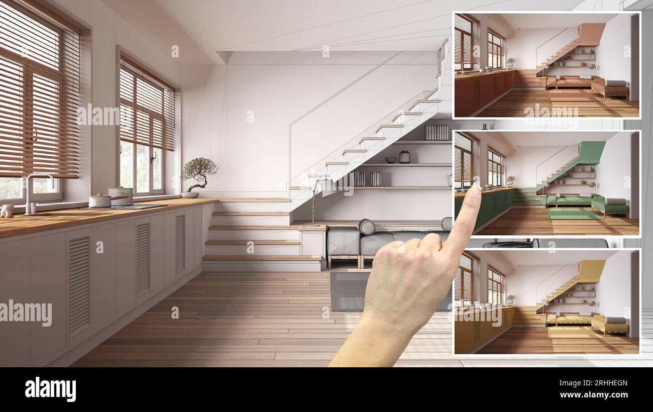 Architect designer concept, hand showing minimal japandi kitchen and ...