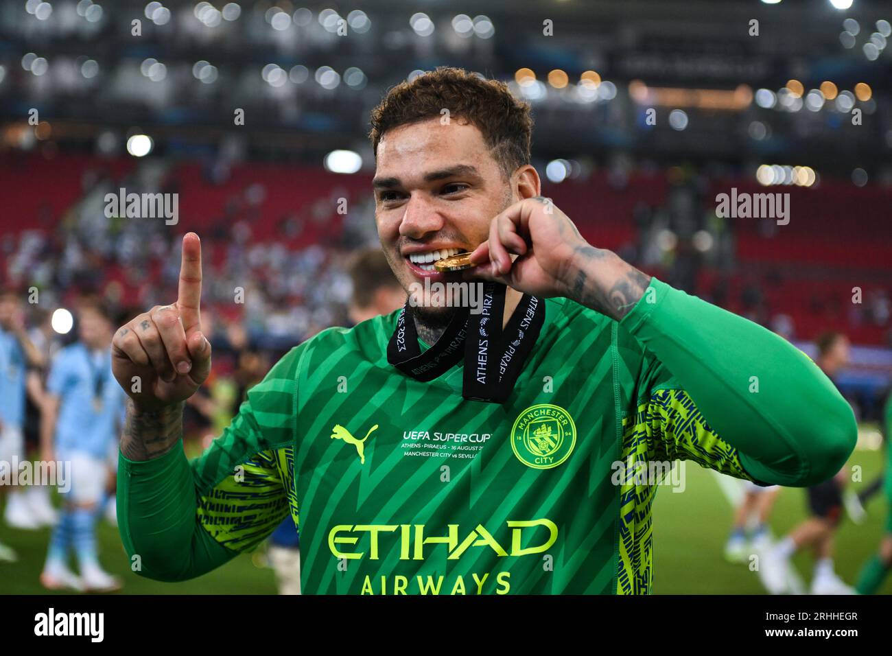 Piraeus, Greece. 16 August, 2023: Goalkeeper Ederson of Manchester City ...