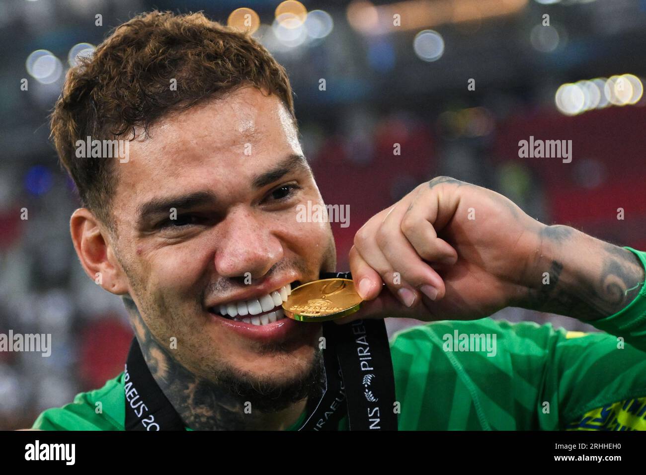 Piraeus, Greece. 16 August, 2023: Goalkeeper Ederson of Manchester City ...