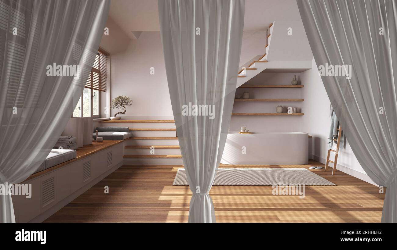 White openings curtains overlay japandi bathroom with staircase ...