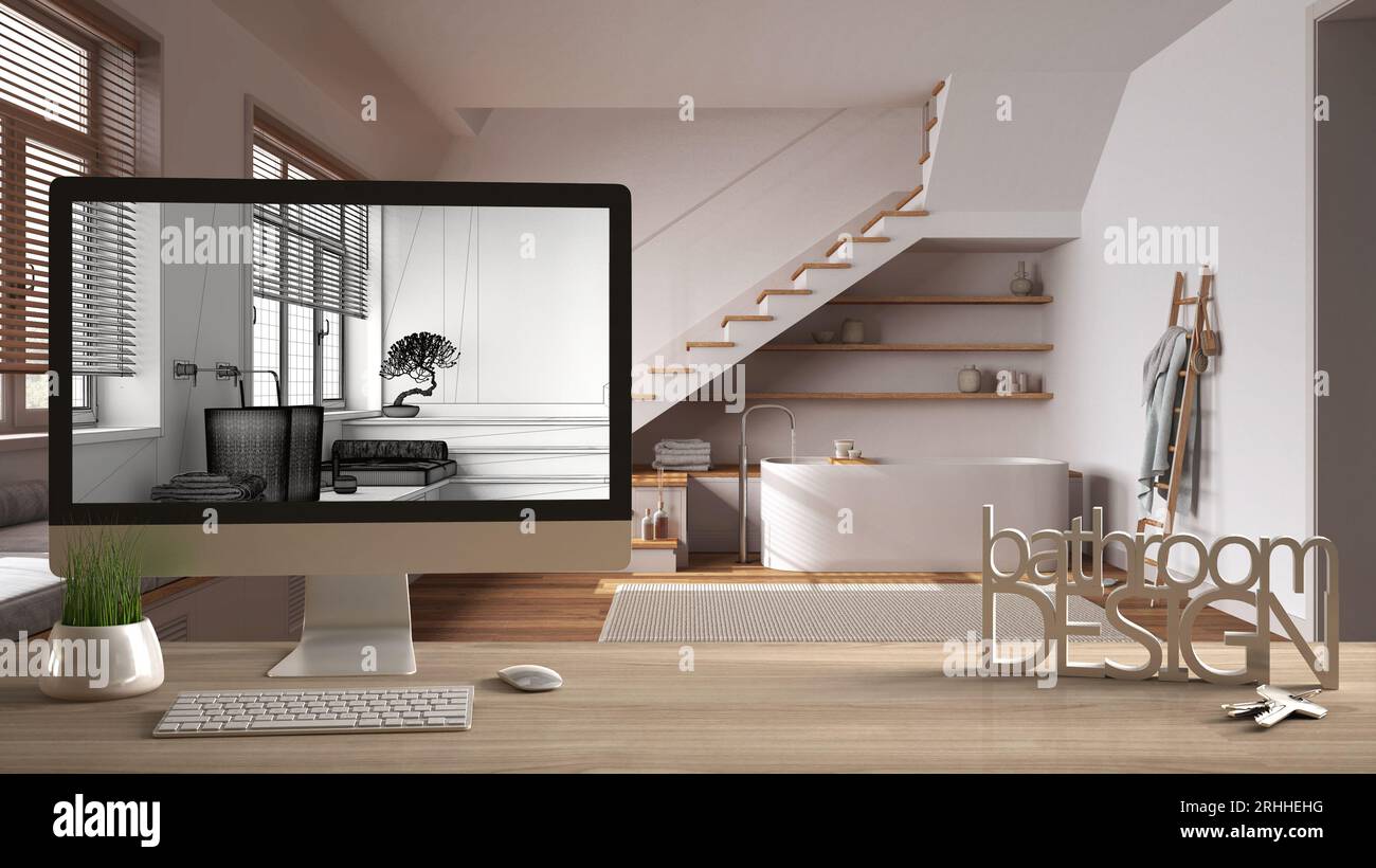 Architect designer project concept, wooden table with house keys, 3D ...