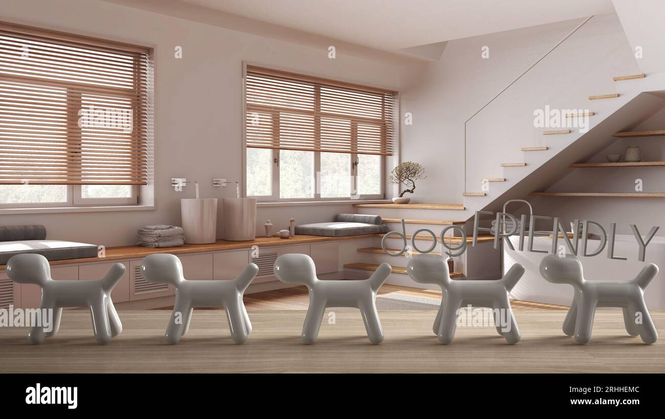 Wooden table top or shelf with line of stylized dogs, dog friendly ...