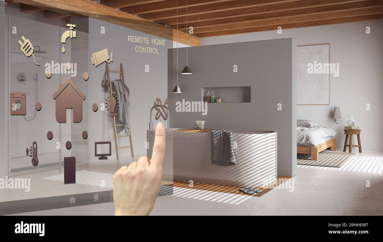 Smart home control concept, hand controlling digital interface from ...