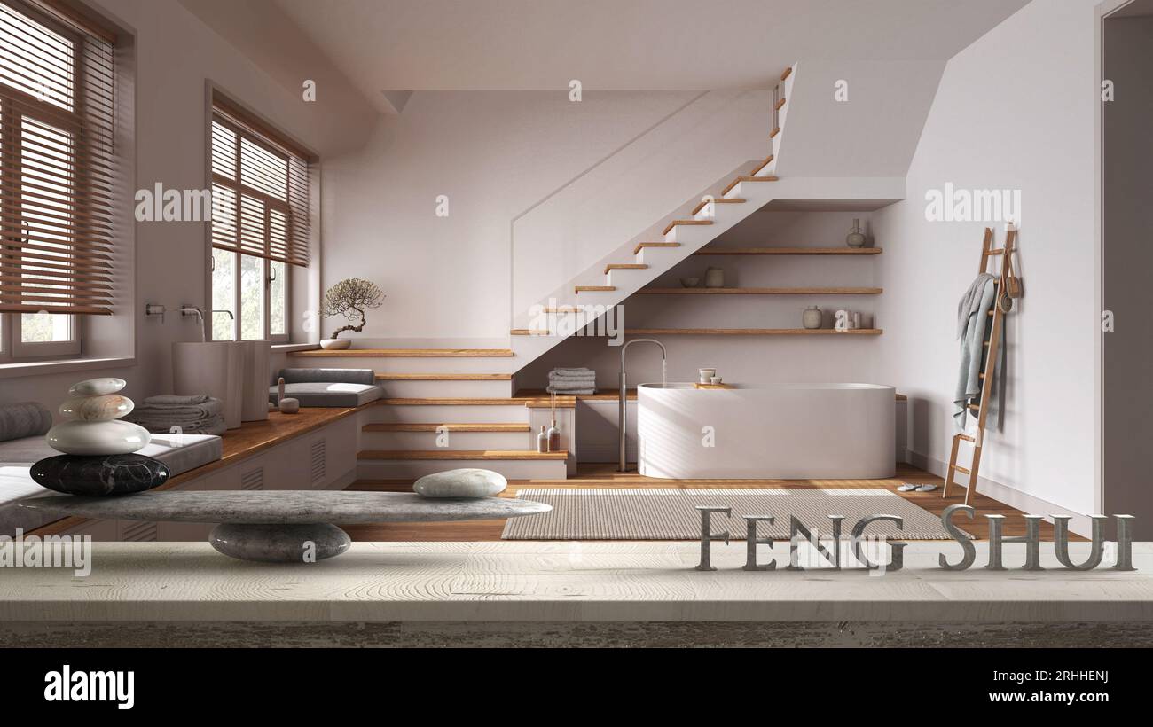 Wooden vintage table shelf with stone balance and 3d letters making the ...