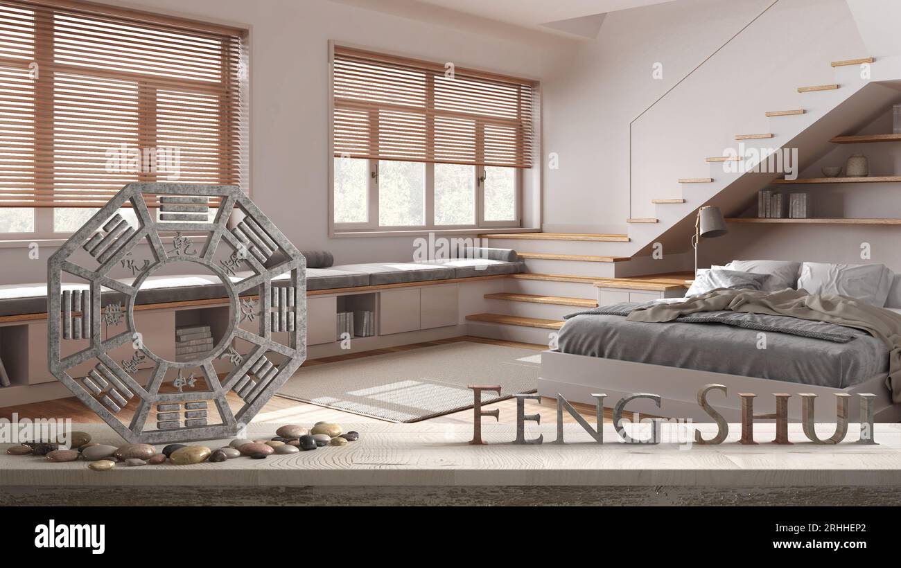 Wooden table shelf with ba gua, pebble stone and bamboo plants, modern ...