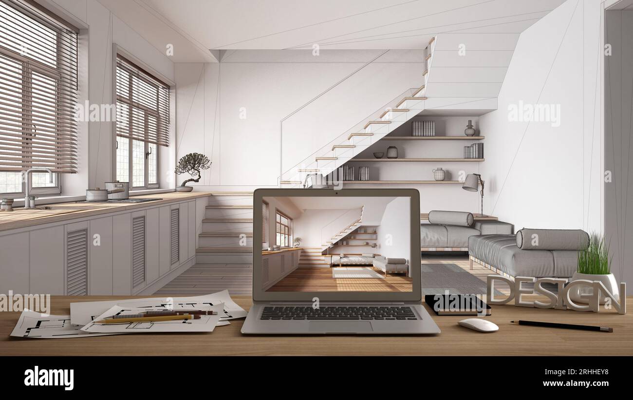 Architect designer desktop concept, laptop on wooden work desk with ...