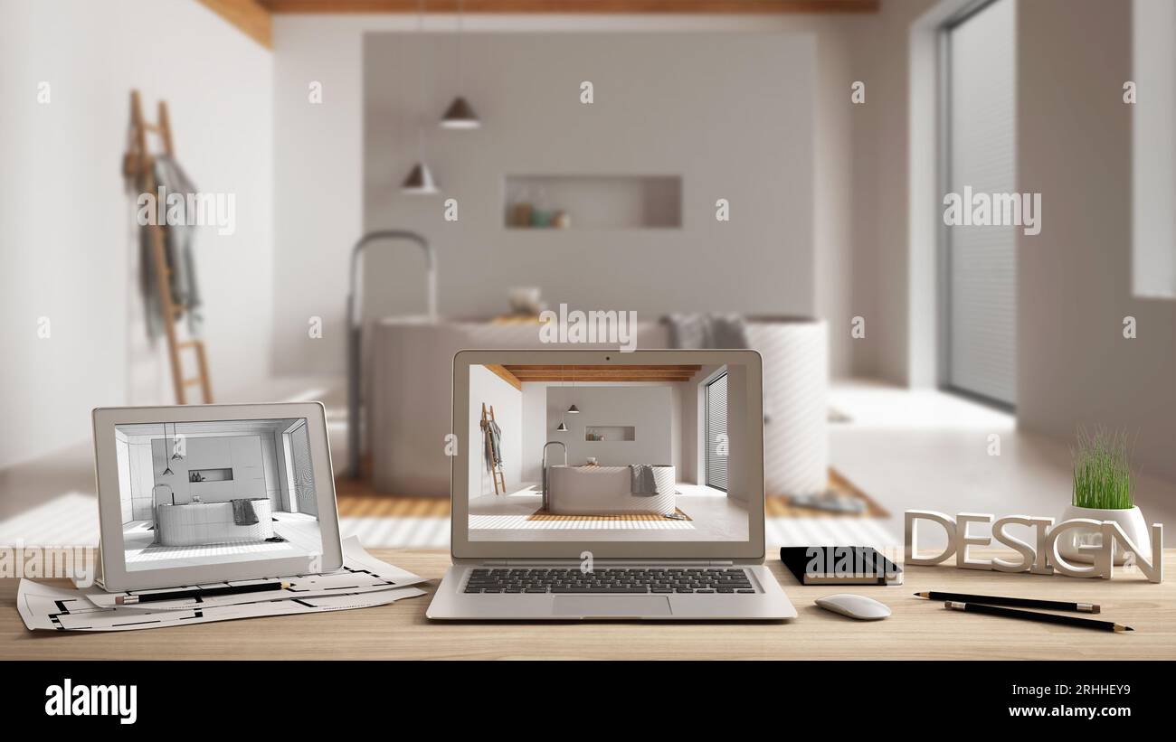 Architect designer desktop concept, laptop and tablet on wooden desk ...