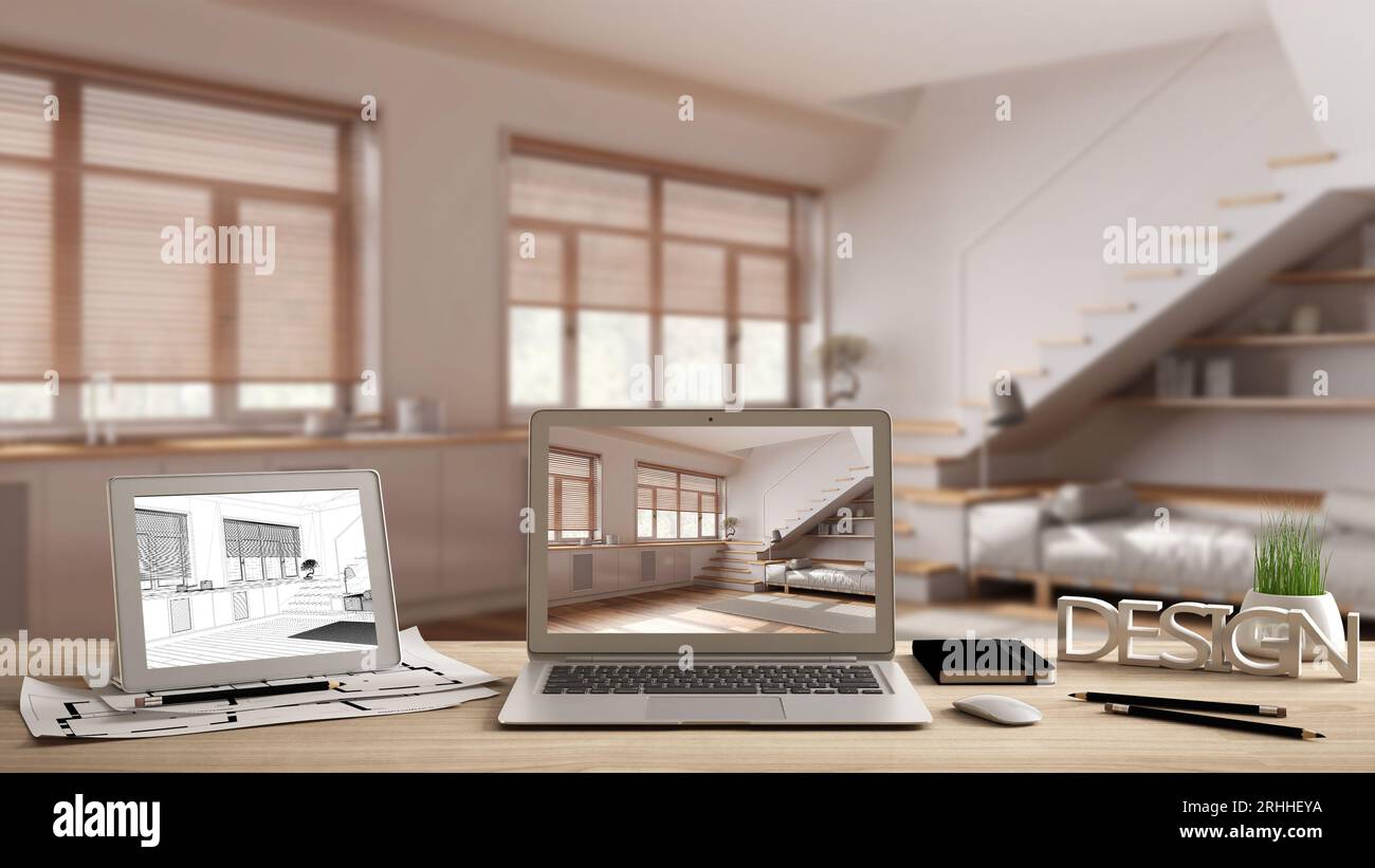 Architect designer desktop concept, laptop and tablet on wooden desk ...