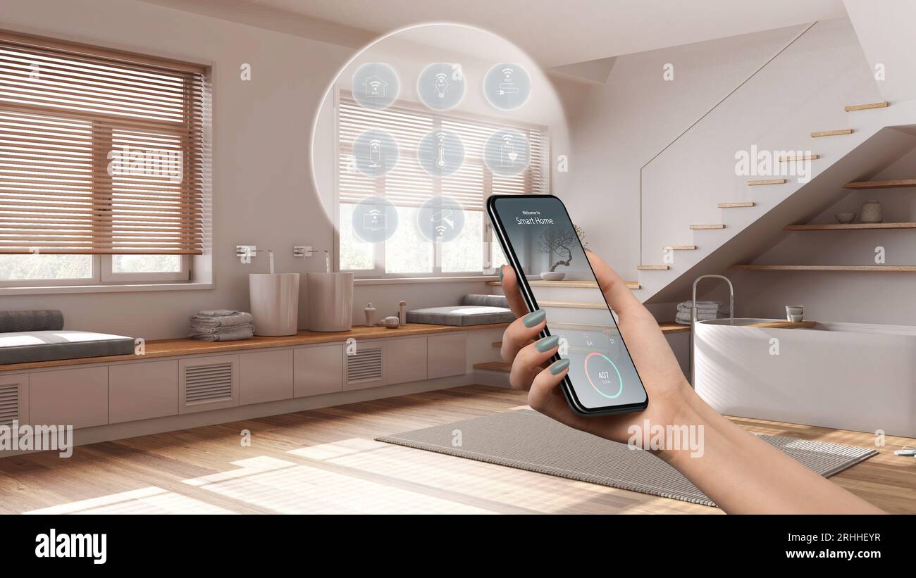 Smart home technology interface on phone app, augmented reality, internet of things, interior ...