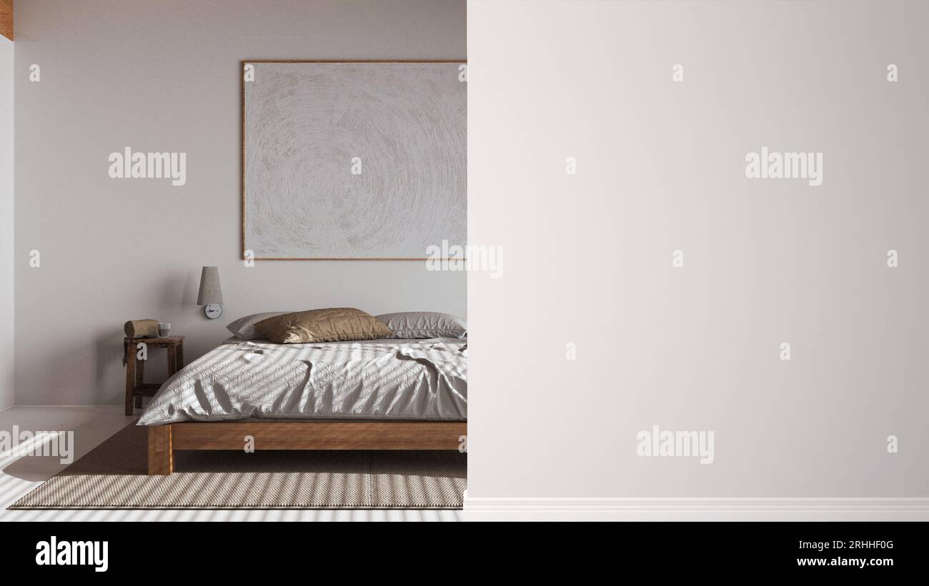 Modern white bedroom with double bed on a foreground wall, interior ...