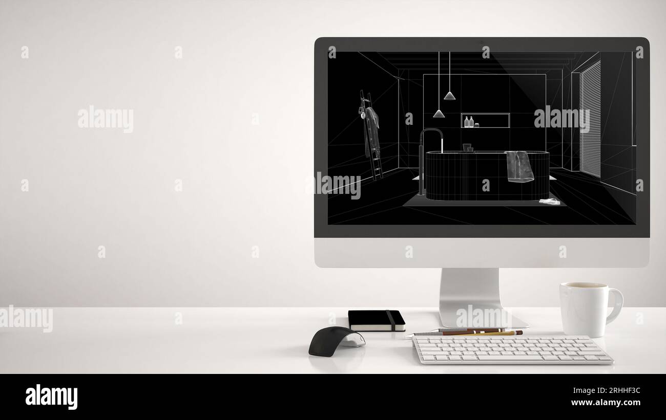 Architect house project concept, desktop computer on white background ...