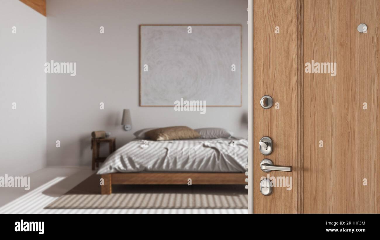 Wooden entrance door opening on white bedroom with double bed in ...