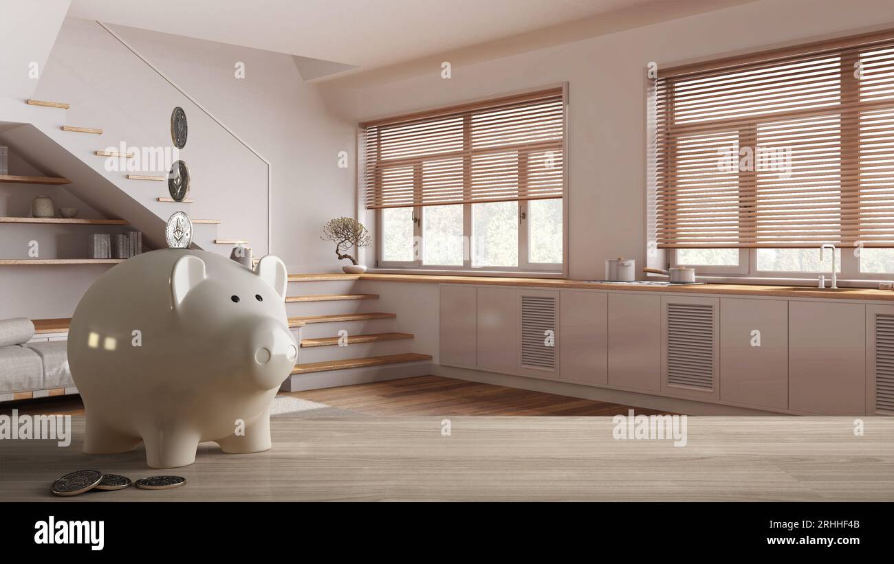 Wooden table top or shelf with white piggy bank with coins, minimal ...