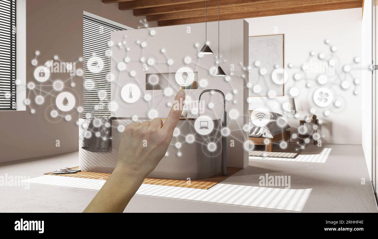 Glowing smart home interface, geometric background, connected line and ...
