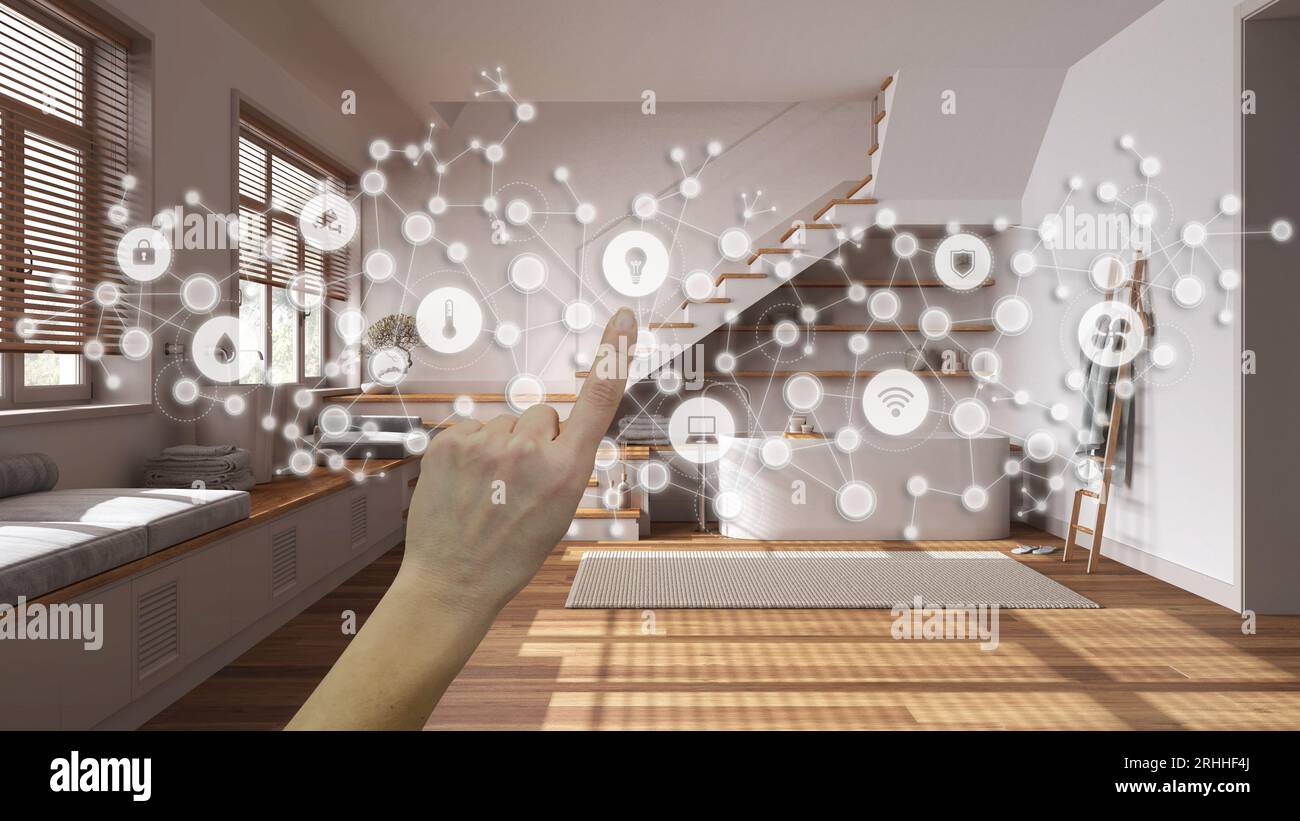 Glowing smart home interface, geometric background, connected line and ...