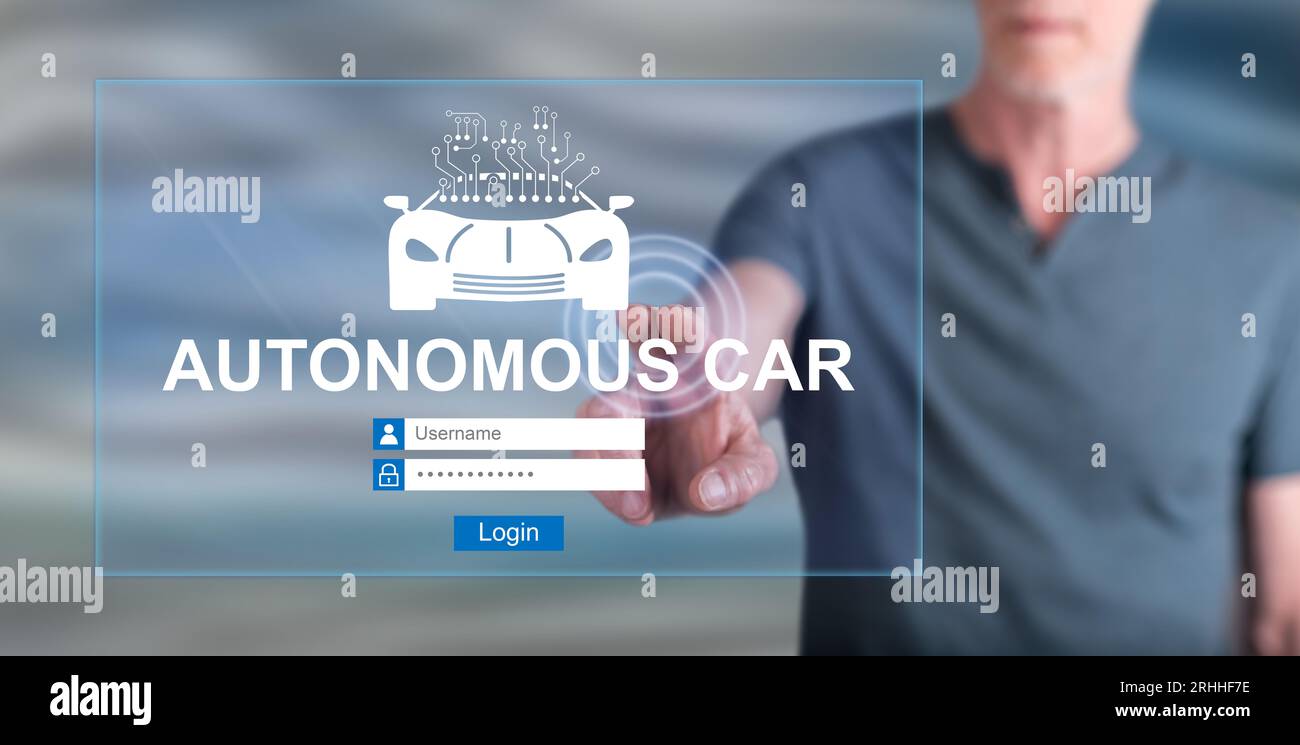 Man touching an autonomous car concept on a touch screen with his ...