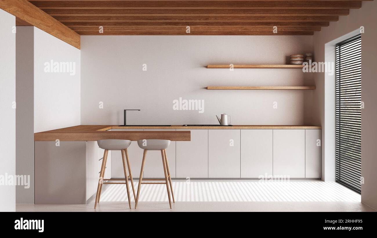 Wooden japandi kitchen in white and beige tones with resin floor and ...