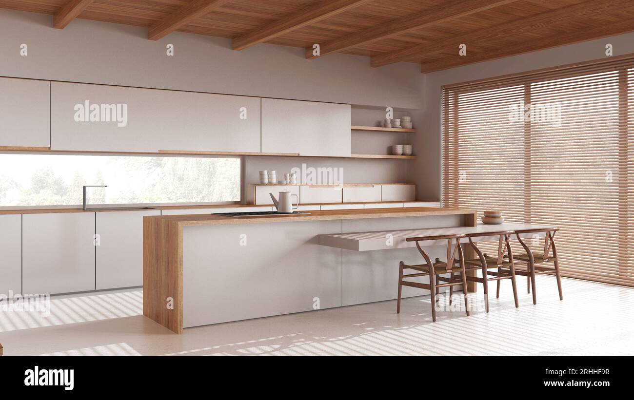 Wooden japandi kitchen in white and beige tones with resin floor and beams ceilings. Cabinets ...