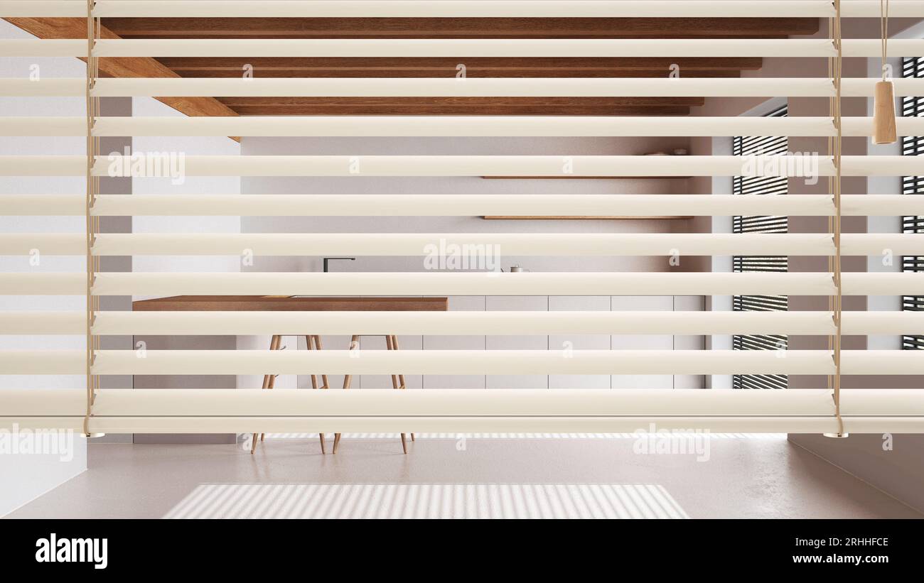 White venetian blinds close up view, over minimal kitchen with island ...