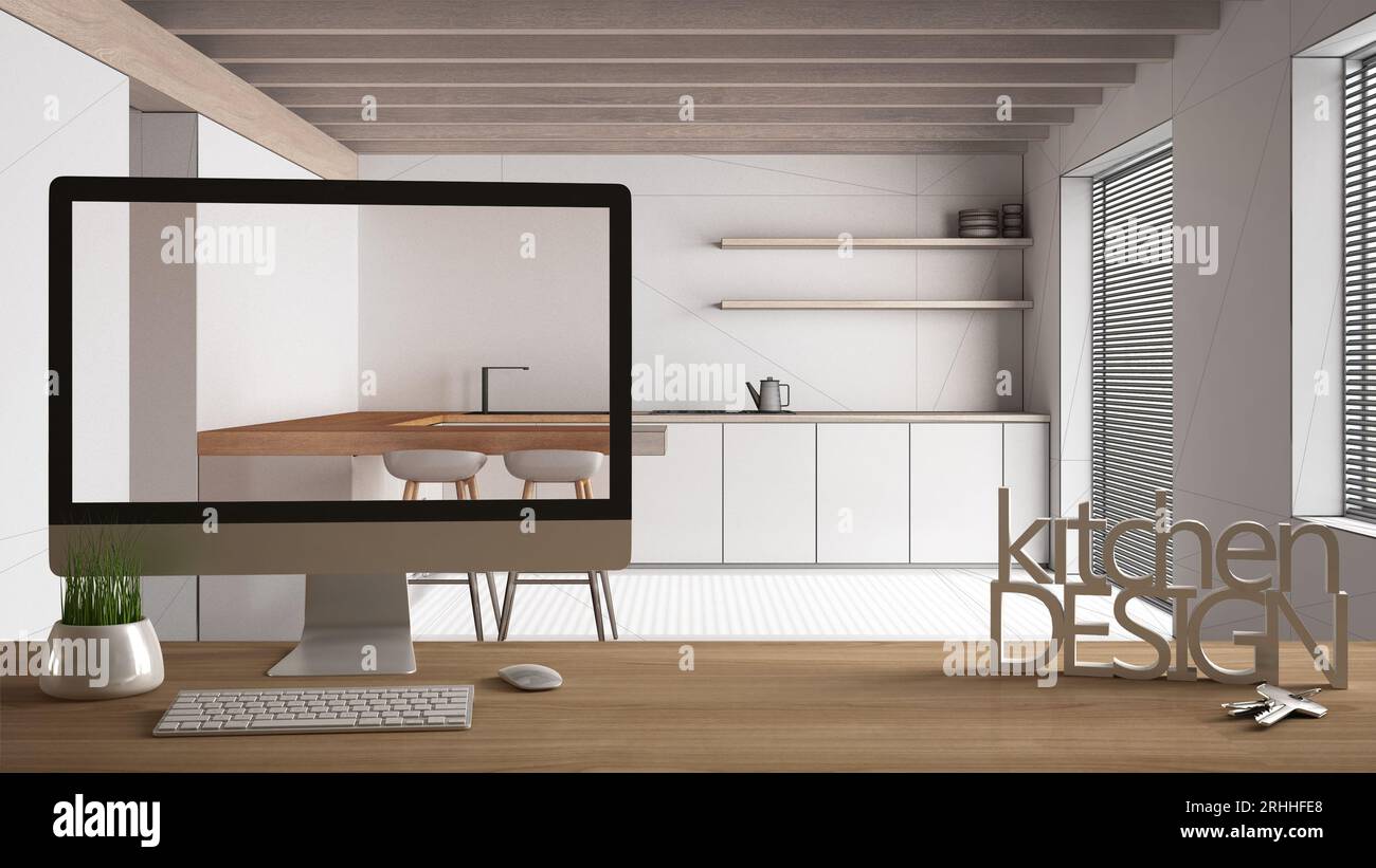 Architect designer project concept, wooden table with keys, 3D letters ...