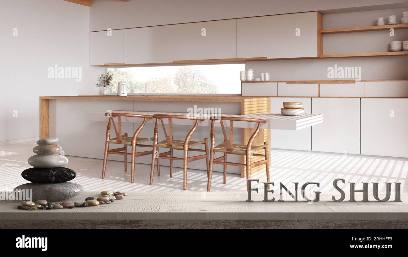 Vintage wooden table shelf with pebble balance and 3d letters making ...