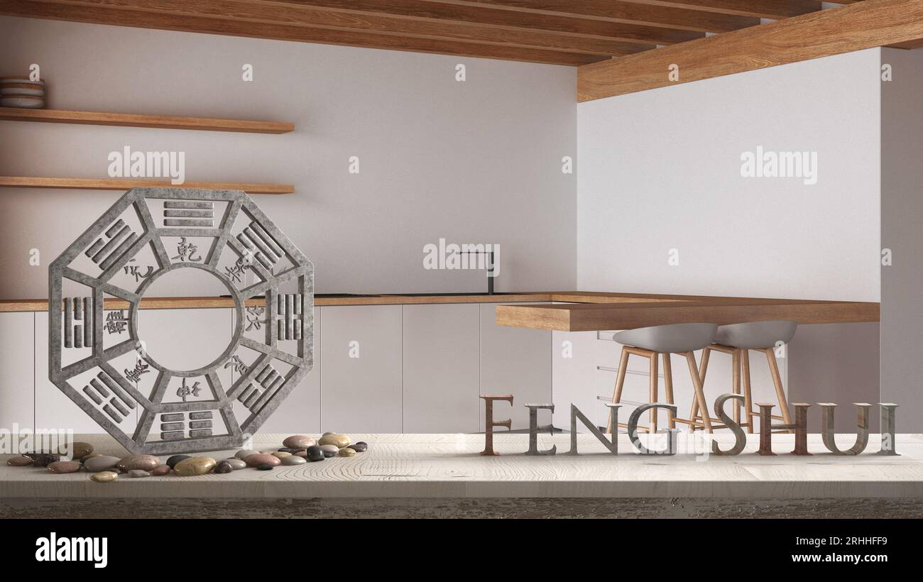 Wooden table shelf with ba gua, pebble stone and bamboo plants, modern ...