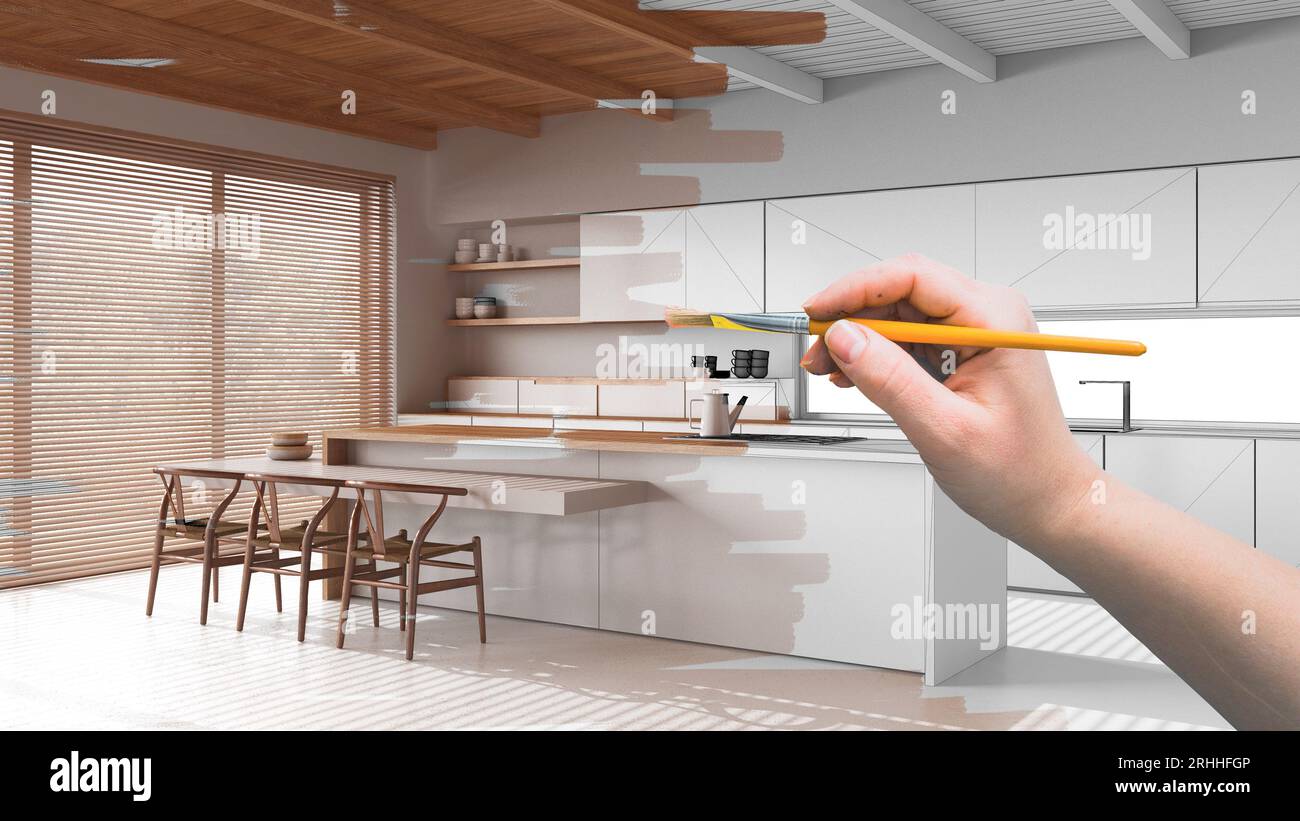 Blueprint project draft, sketch of minimal white kitchen with island ...