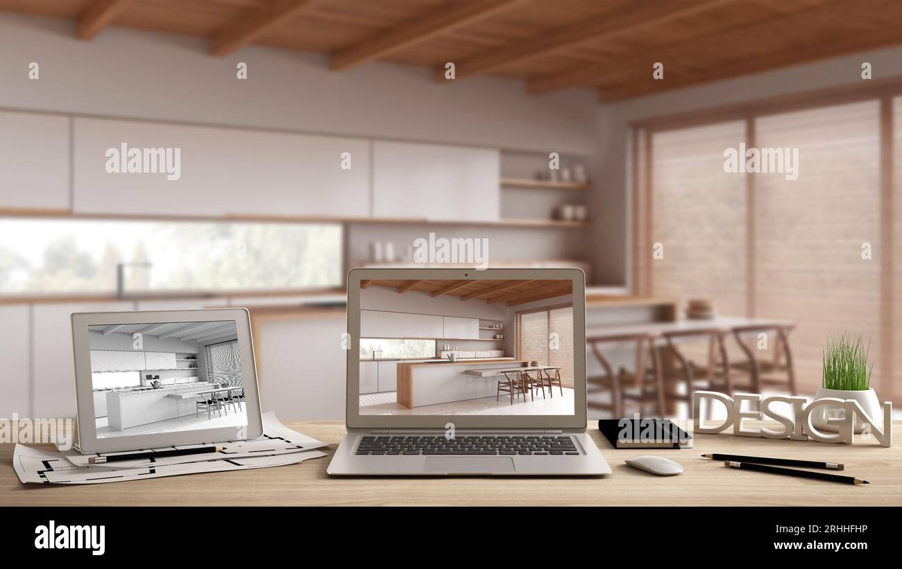 Architect designer desktop concept, laptop and tablet on wooden desk ...
