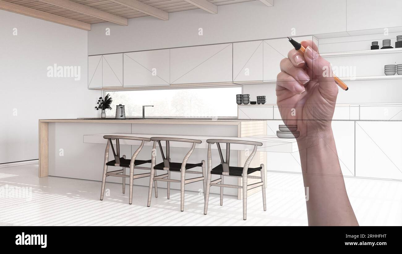 Hand drawing custom modern room, minimal kitchen with dining island ...