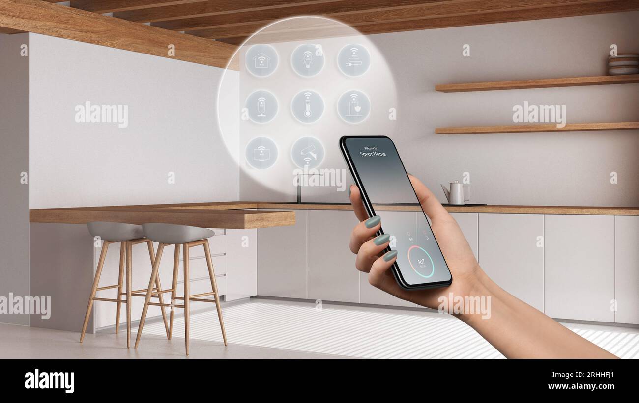 Smart home technology interface on phone app, augmented reality, internet of things, interior ...