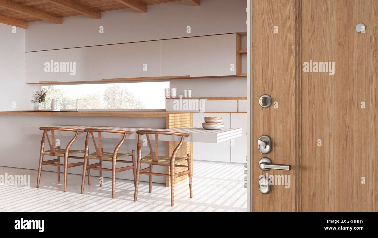 Wooden entrance door opening on modern minimal kitchen with dining ...