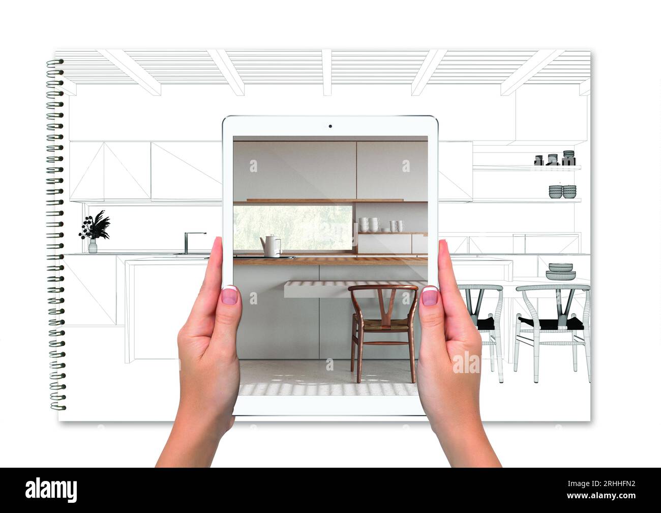 Hands holding tablet showing modern kitchen, notebook with blueprint ...
