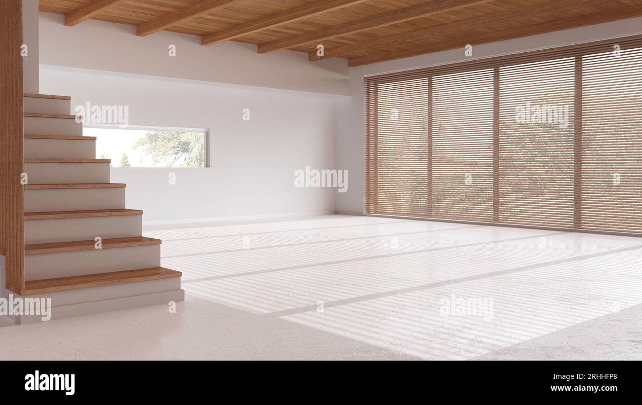Wooden empty room interior design, open space with resin floor, beams ...