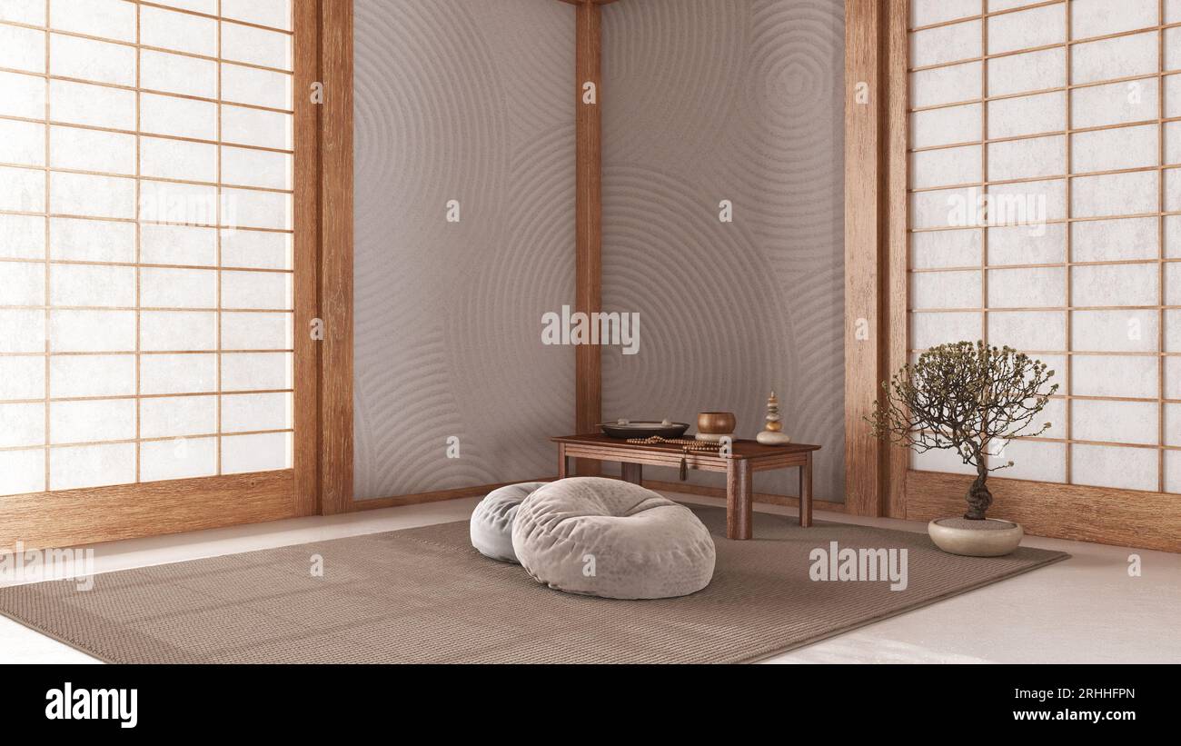 Minimal meditation room in white and beige tones, Capet, table with ...