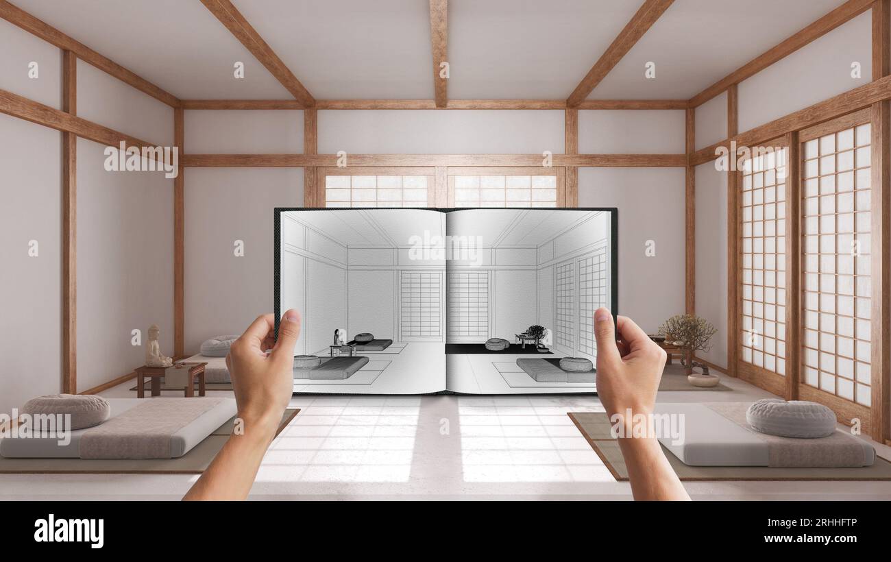 Hands holding notepad with meditation room design blueprint sketch or drawing. Real interior ...