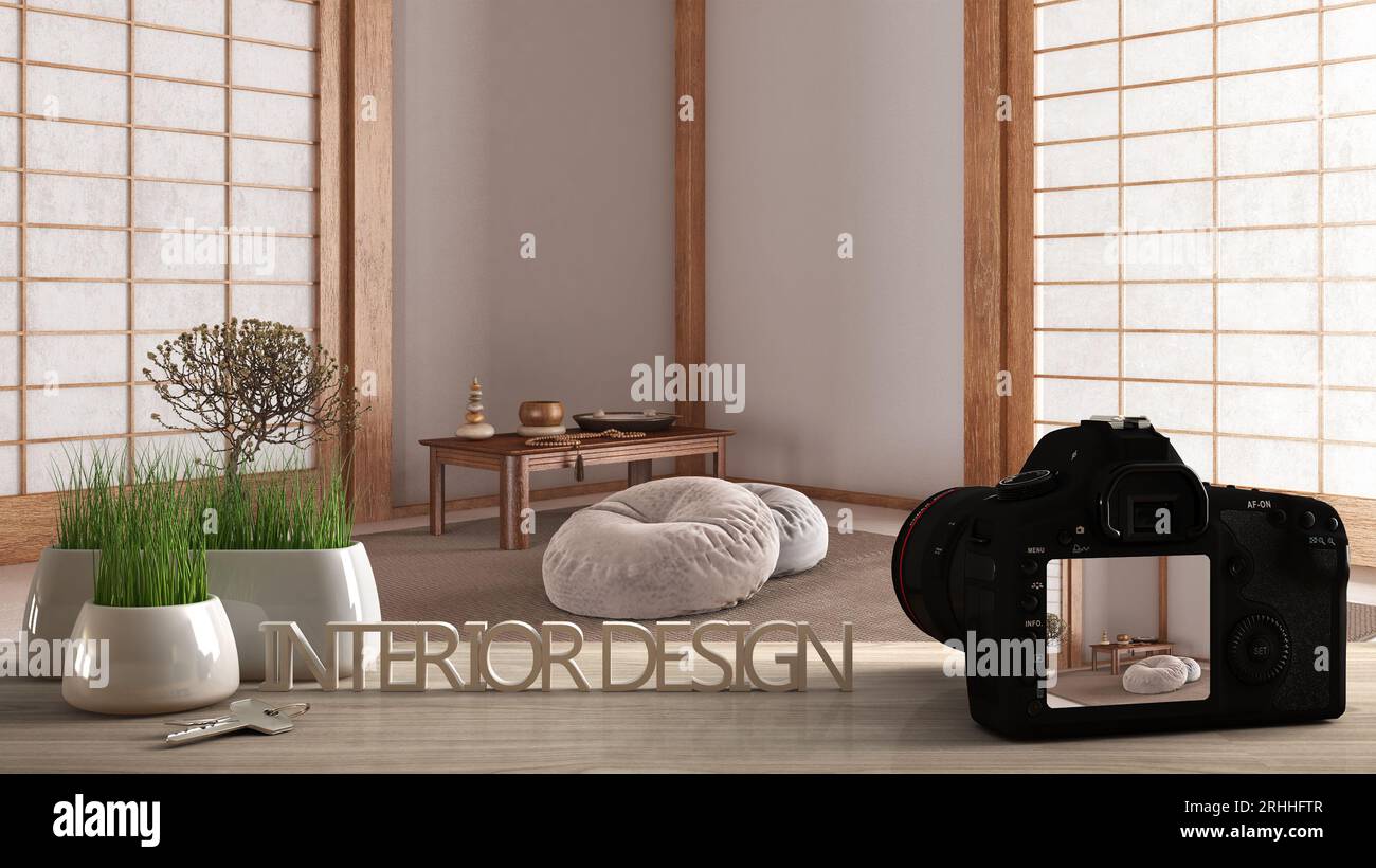 Architect photographer designer desktop concept, camera on wooden work ...