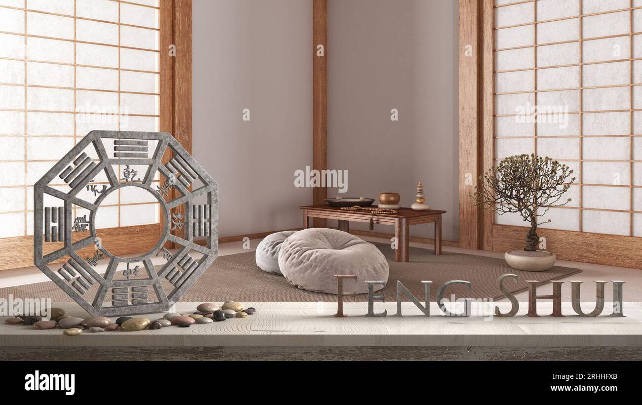 Wooden table shelf with ba gua, pebble stone and bamboo plants, minimal ...