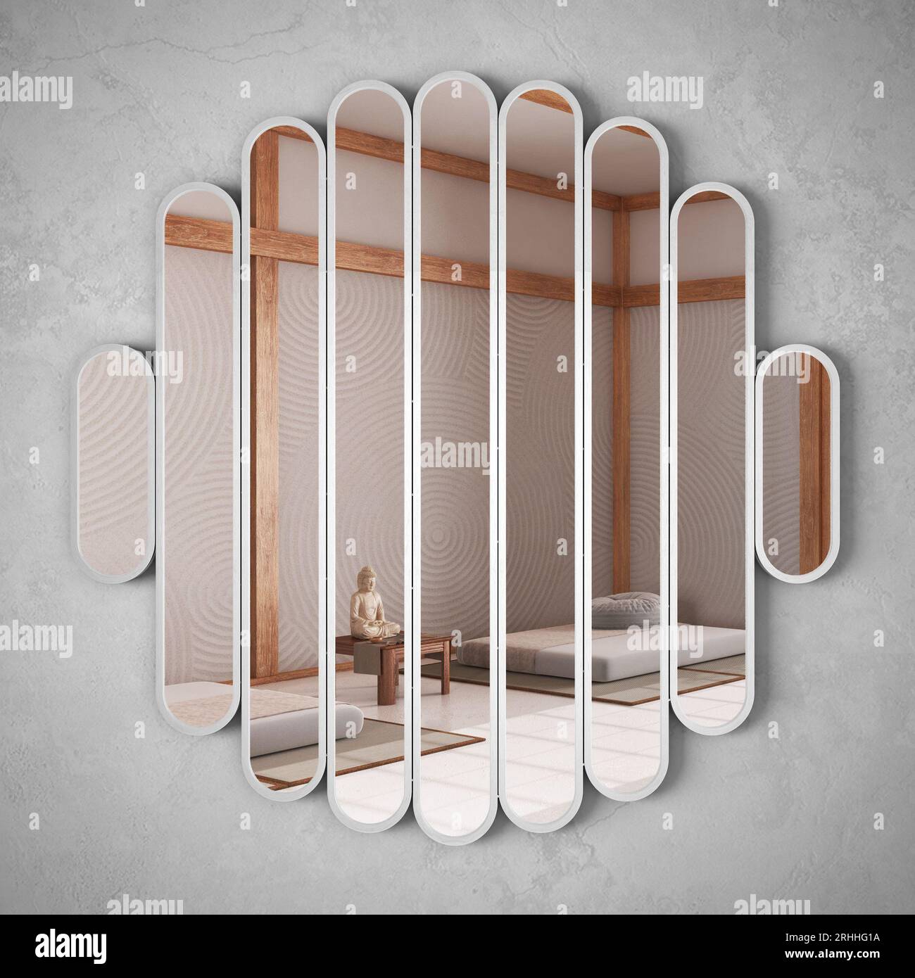 Modern mirror hanging on the wall reflecting interior design scene ...